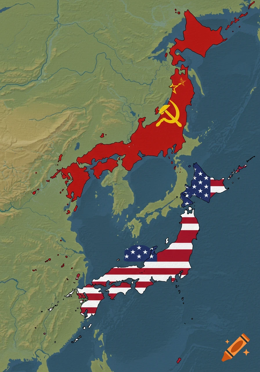 Map of Japan split north/south with USSR flag on north and USA flag on ...