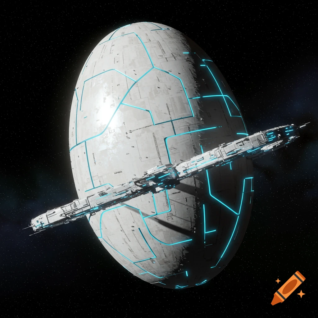 An oval-shaped space station with blue lights is orbited by a long ...