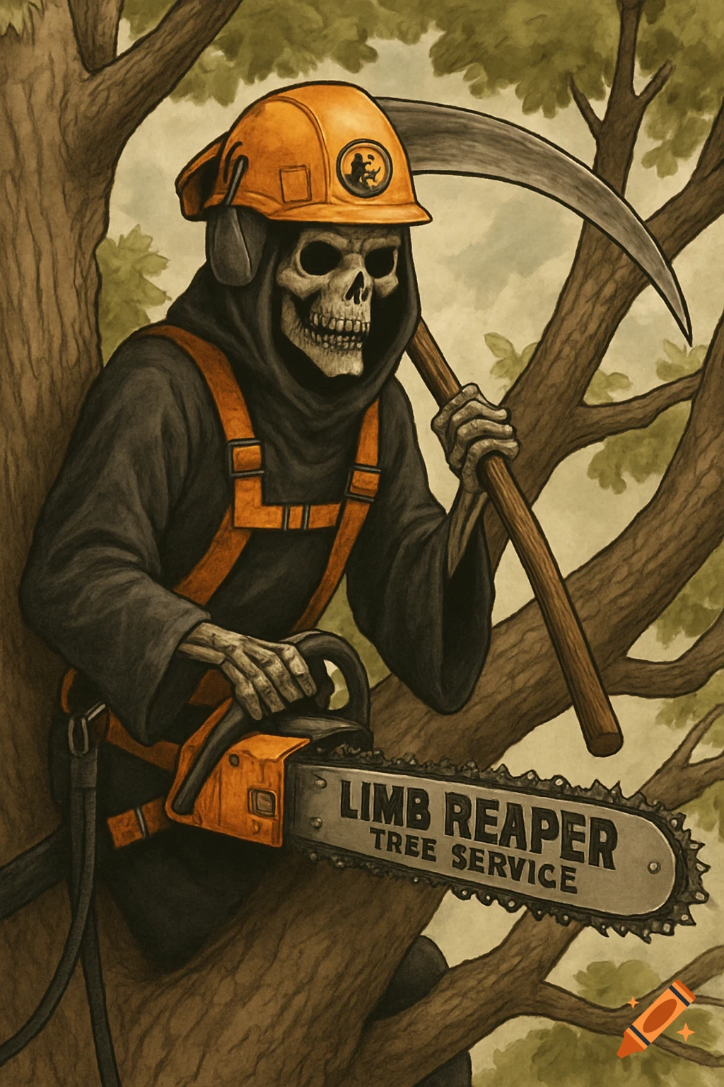 Stylized illustration of the Grim Reaper wearing an arborist helmet and ...