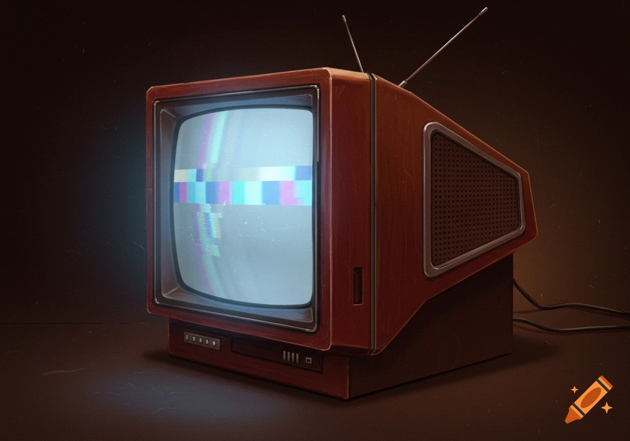 A vintage CRT television displaying a color test pattern on its screen ...