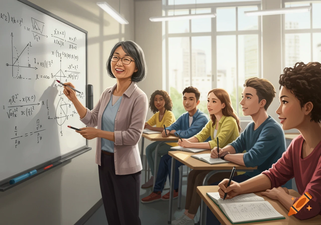 Math teacher points at complex equations and diagrams on a whiteboard ...