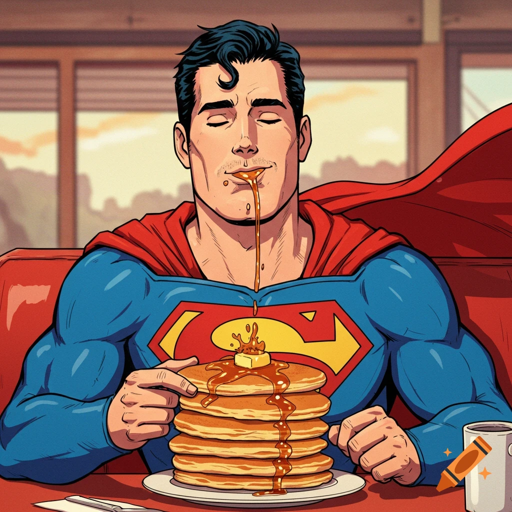 Superman eating a stack of pancakes with syrup in a diner, comic art ...