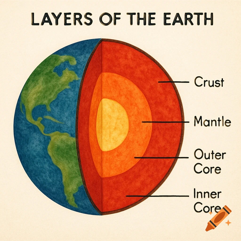 Diagram showing the layers of the Earth: Crust, Mantle, Outer Core ...
