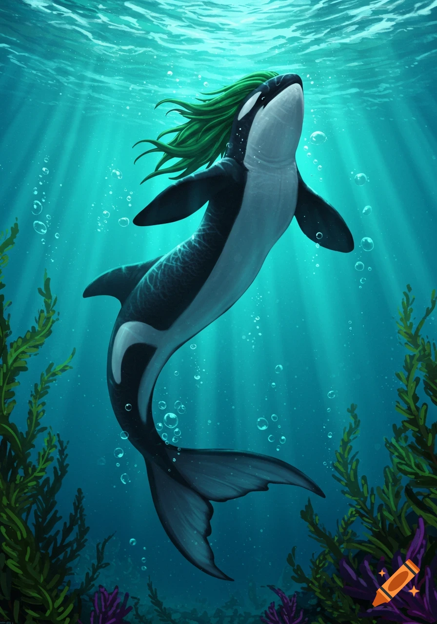 An orca-mermaid hybrid swims upwards underwater with green hair. on Craiyon