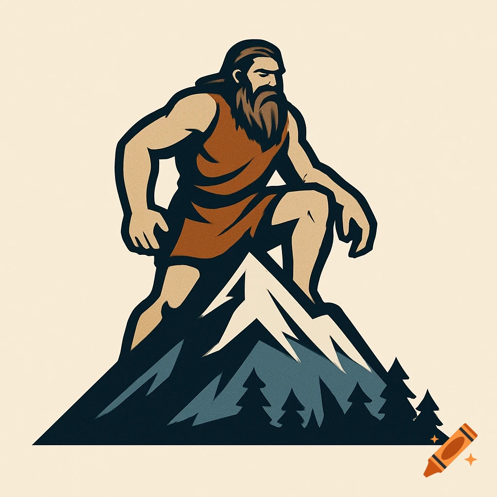 A stylized illustration of a giant straddling a mountain, designed like ...
