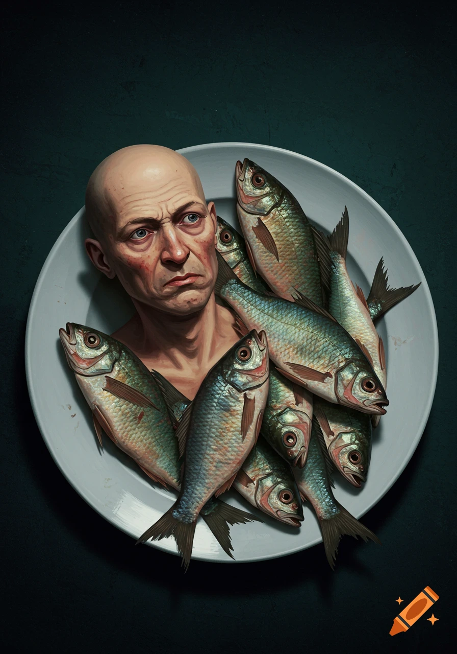 A bald man's head on a plate surrounded by fish, in a dark painted ...