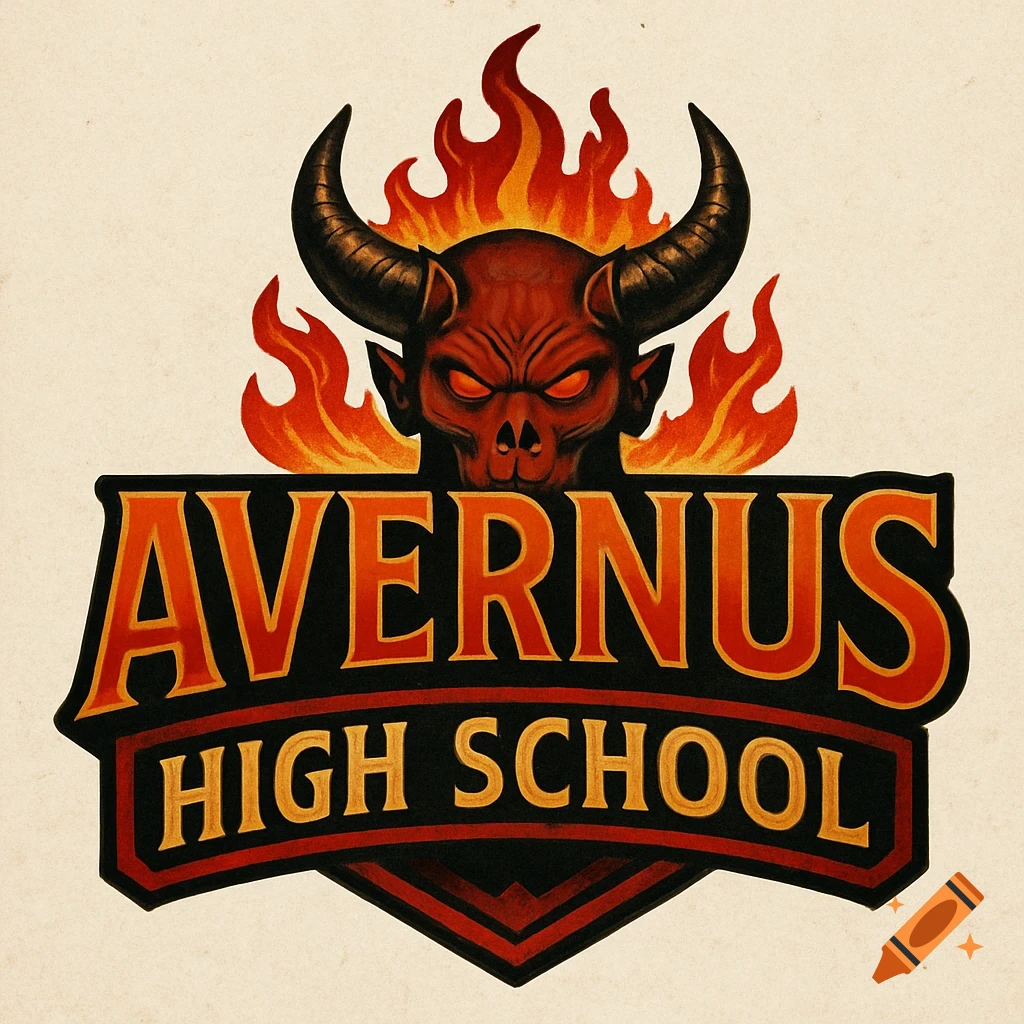 Logo with a red devil head and flames above the words 'AVERNUS HIGH SCHOOL'. on Craiyon