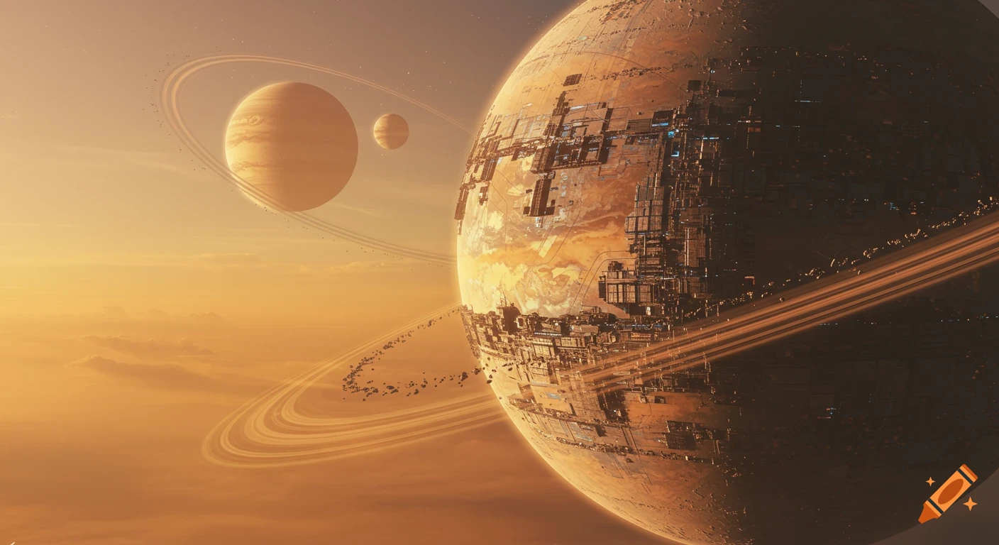 Machine planet with a large ring system orbiting in space, with other ...