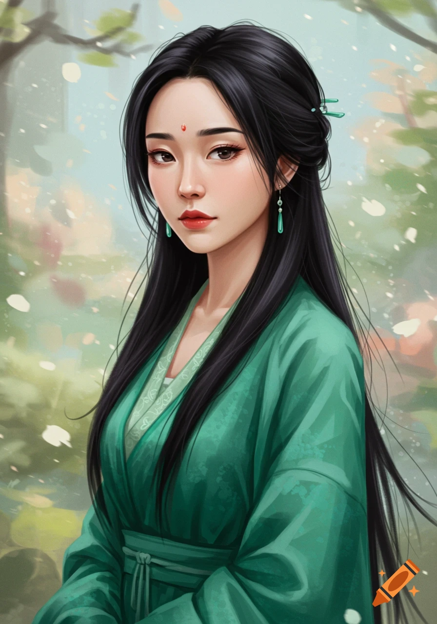 Portrait of a woman in traditional green robes with long dark hair and ...