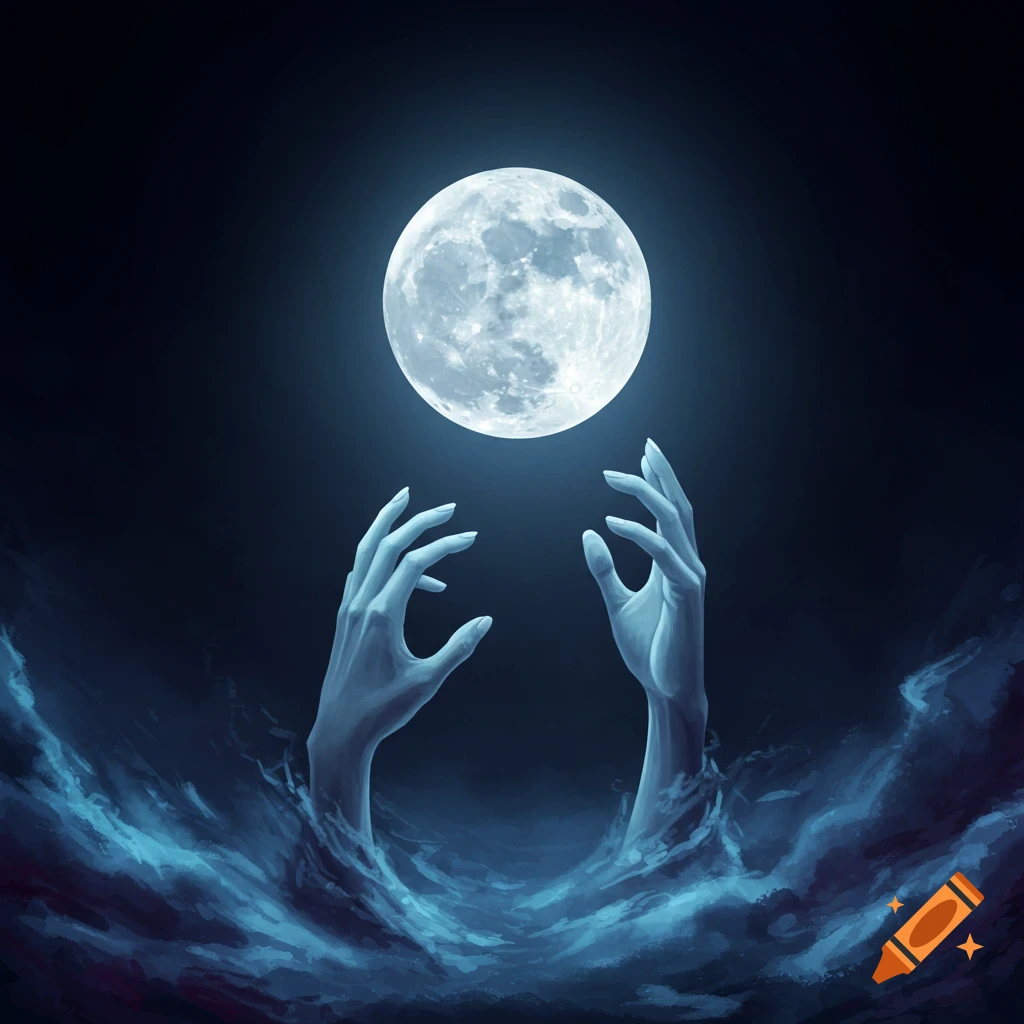 A painting of ethereal hands reaching up towards a large, glowing full ...