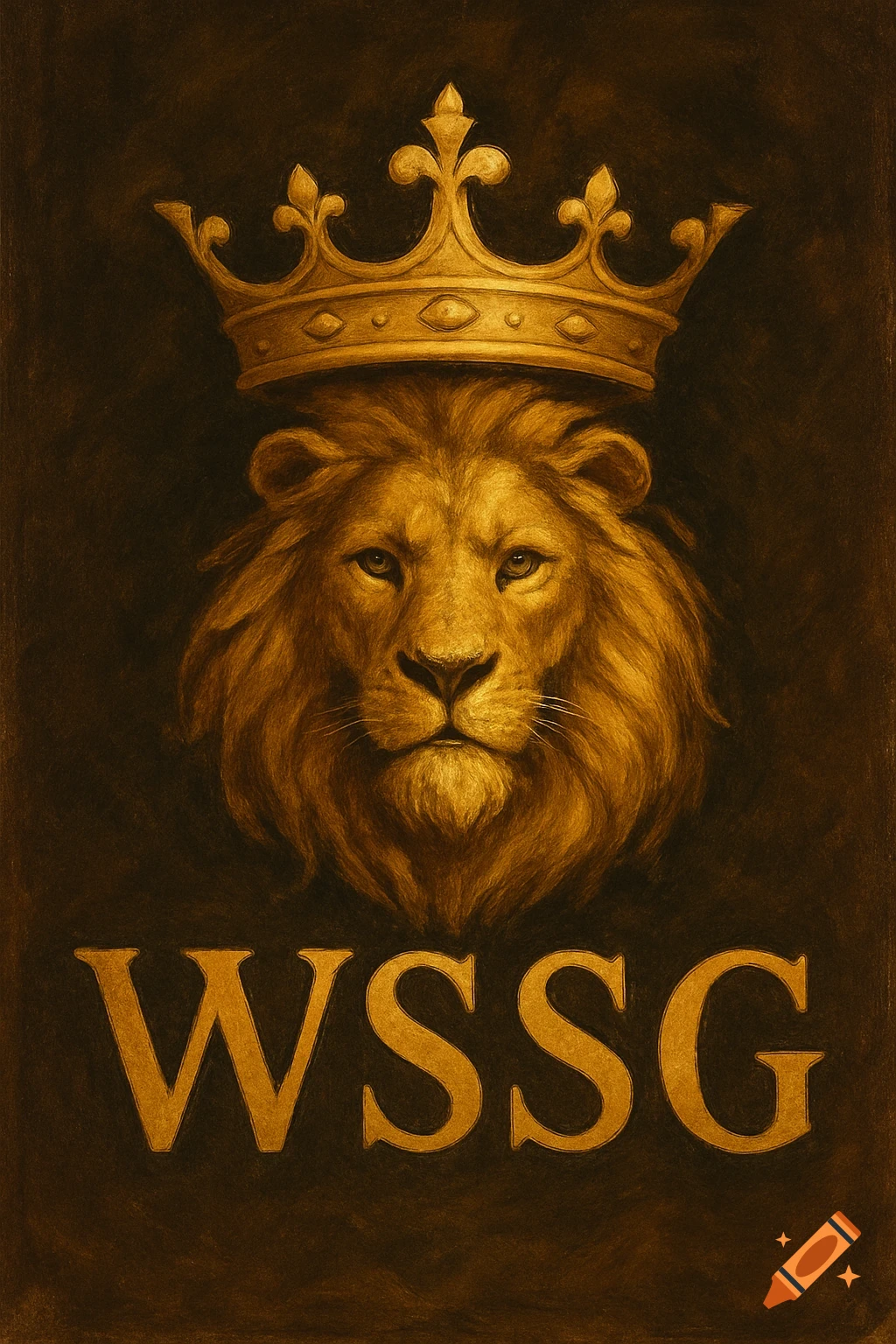 Lion head with a crown and the letters WSSG below, painterly style on ...