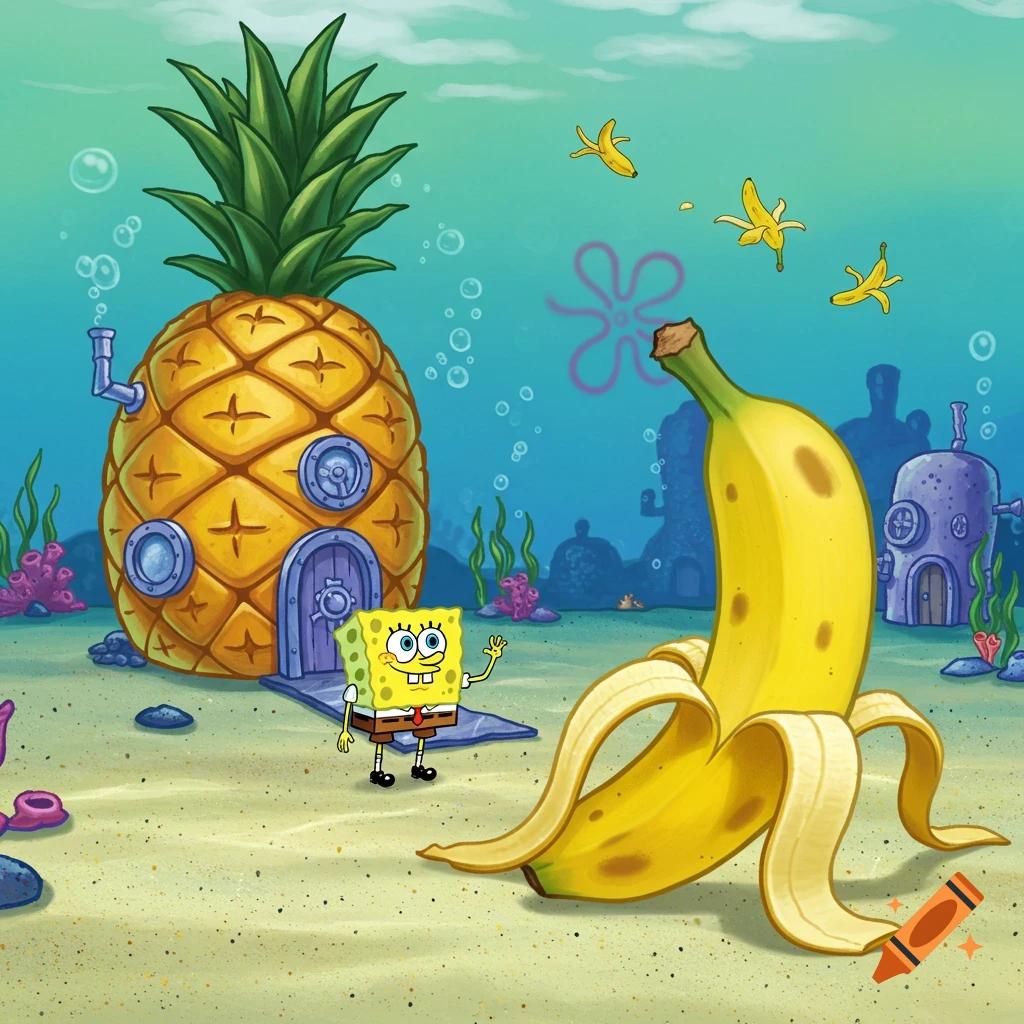 SpongeBob stands by his pineapple house and a large peeled banana ...
