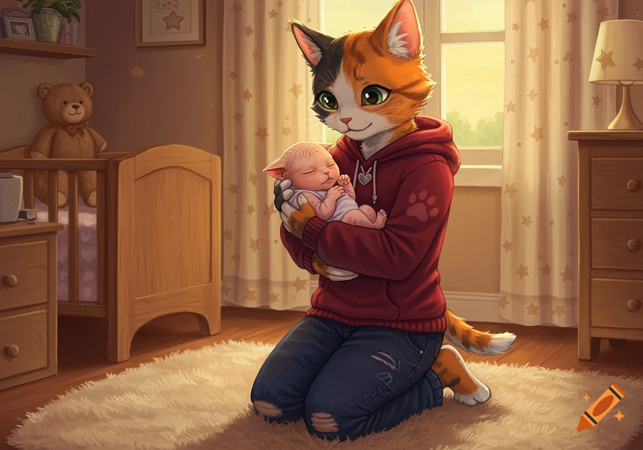 An anthropomorphic calico cat kneels in a warm nursery, gently holding ...