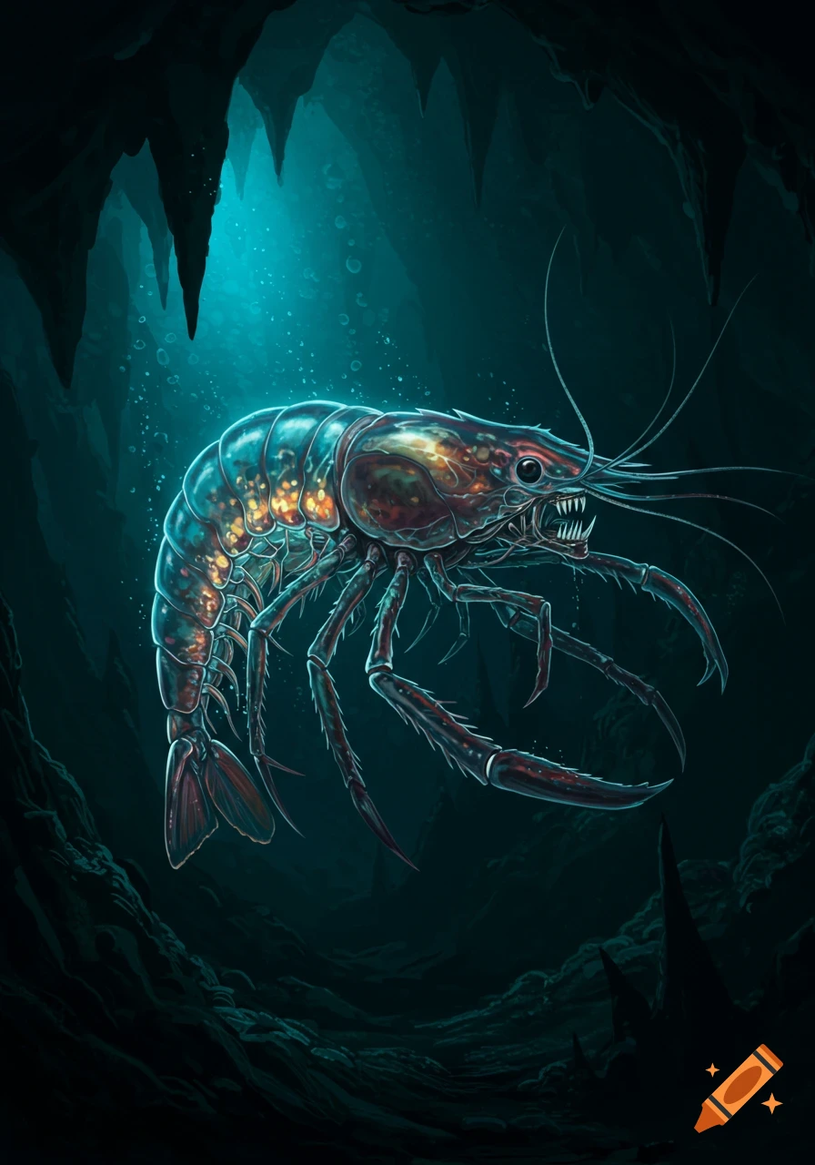 A monstrous shrimp-like creature with sharp teeth swims in a dark ...
