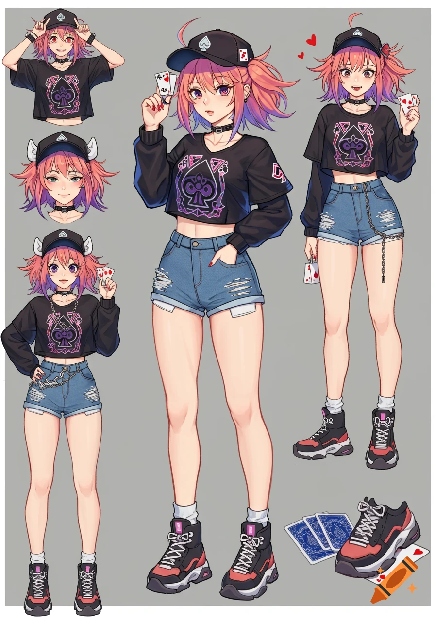 Anime girl reference sheet in streetwear with card suit designs ...