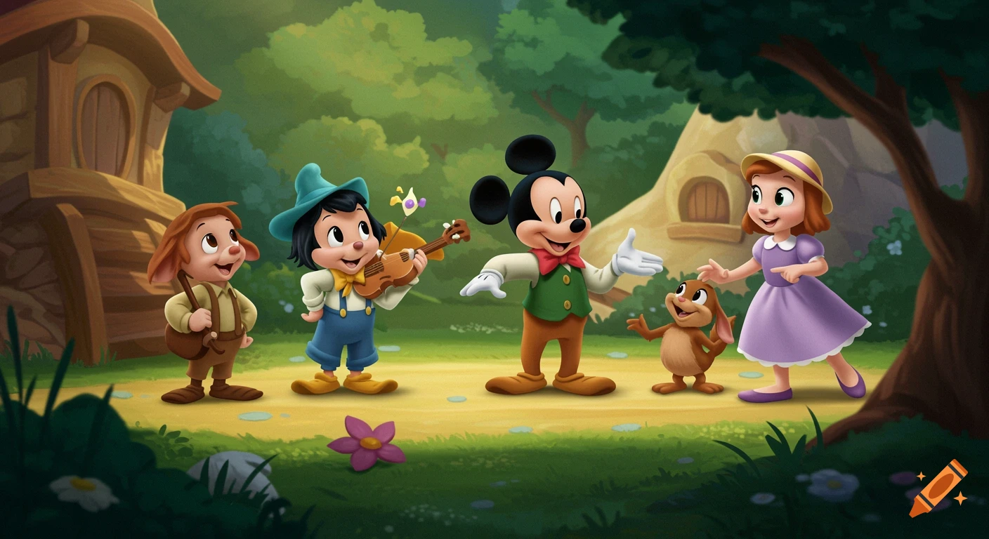 Cartoon characters including Mickey Mouse playing music in a forest ...