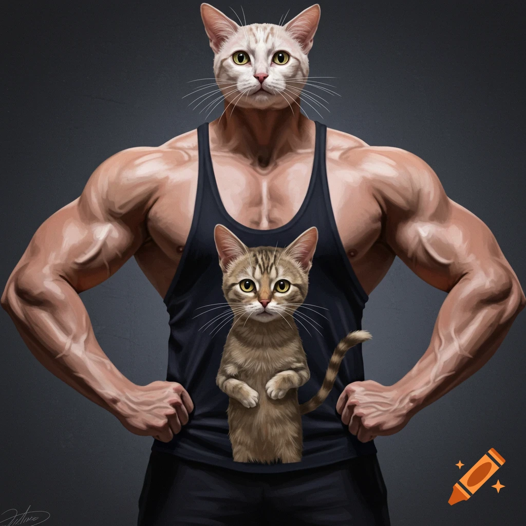 A muscular bodybuilder figure with a cat's head wears a tank top ...