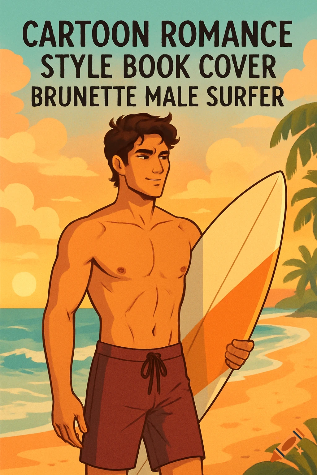 Cartoon book cover art of a male surfer on a beach at sunset, holding a ...