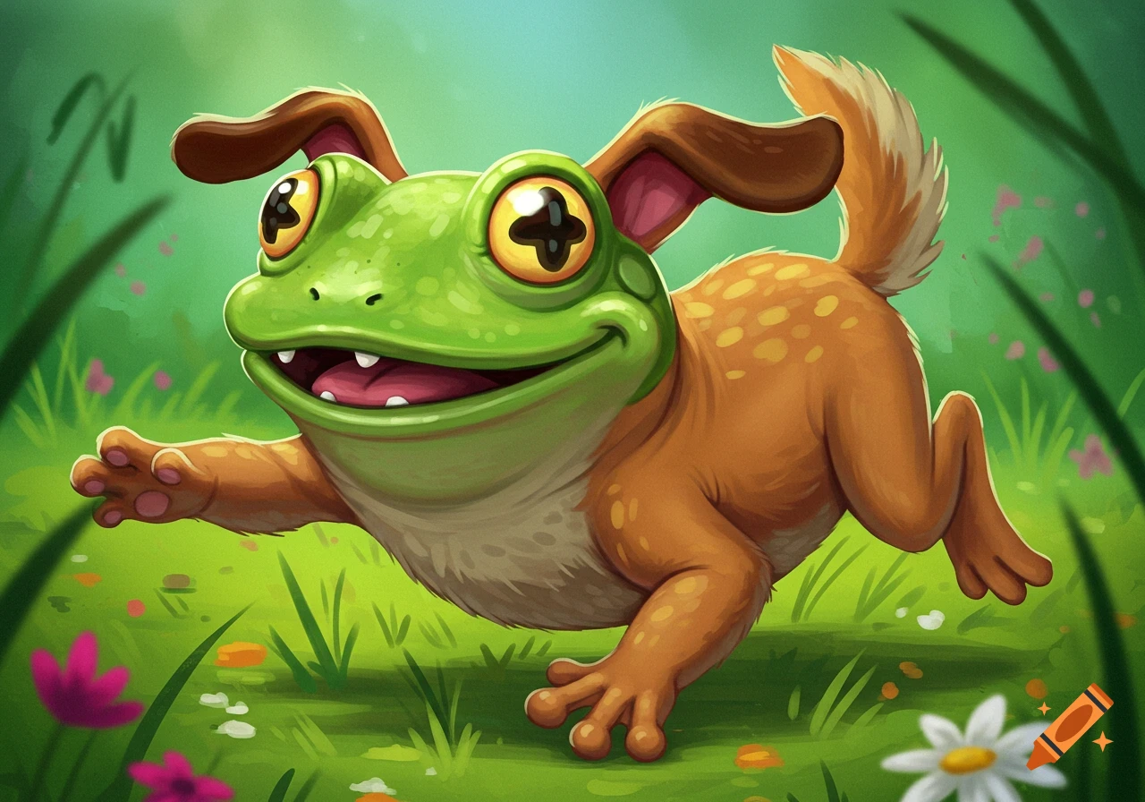 A cartoon frog with dog ears, tail, and back legs runs through a field ...