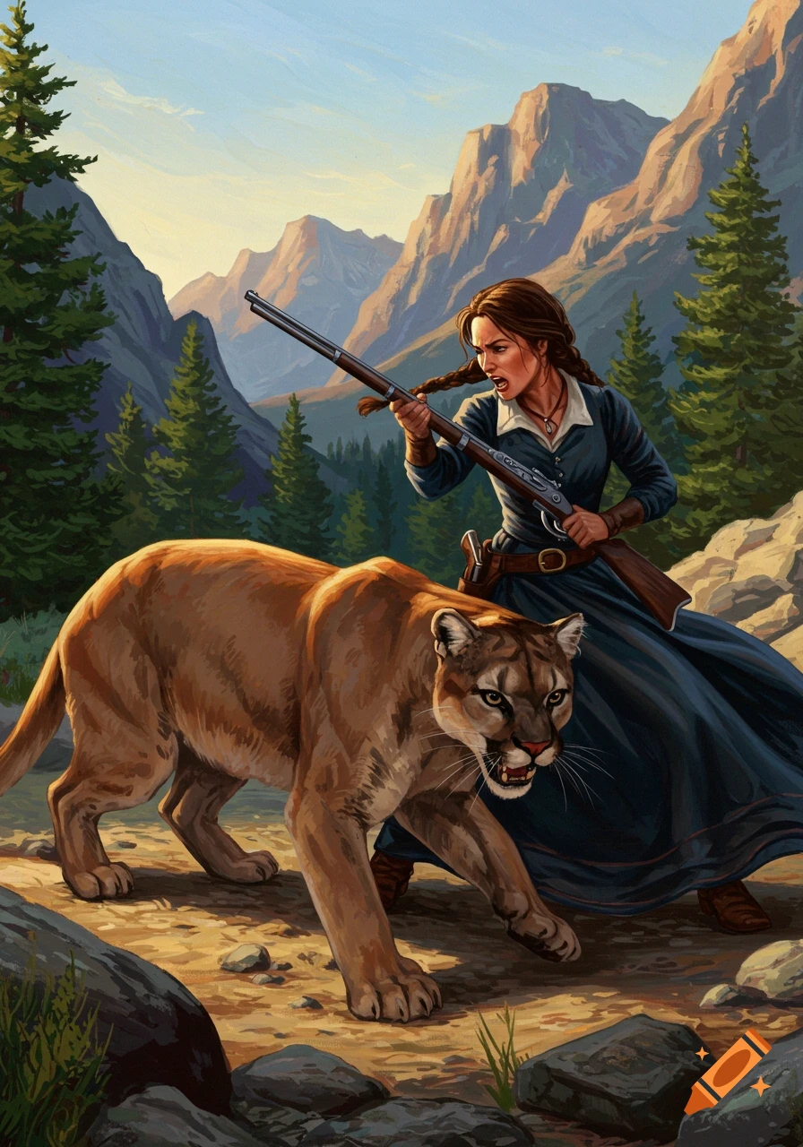 A woman with a rifle fights a cougar in a mountain landscape. on Craiyon