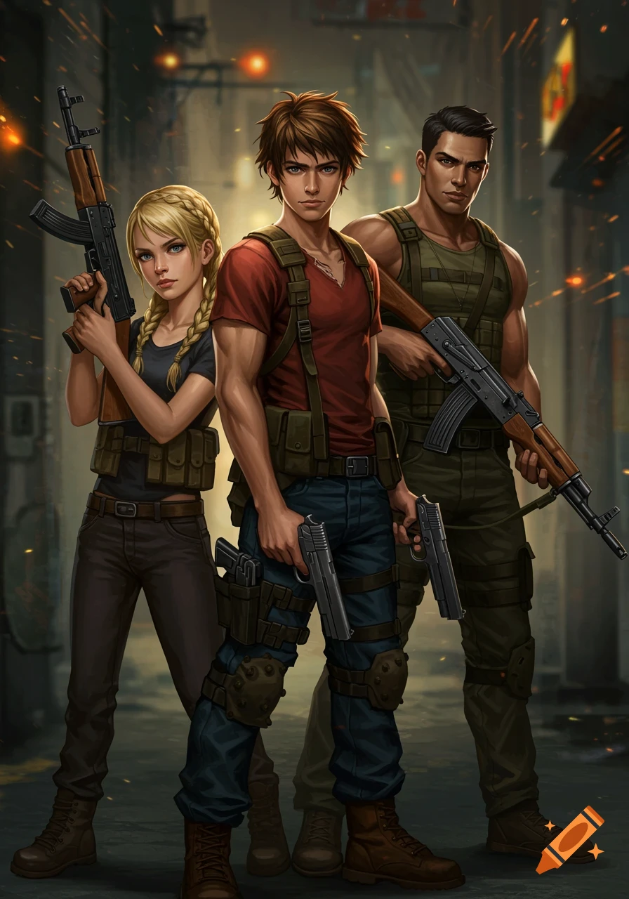 Three armed characters stand in an urban street, ready for action ...