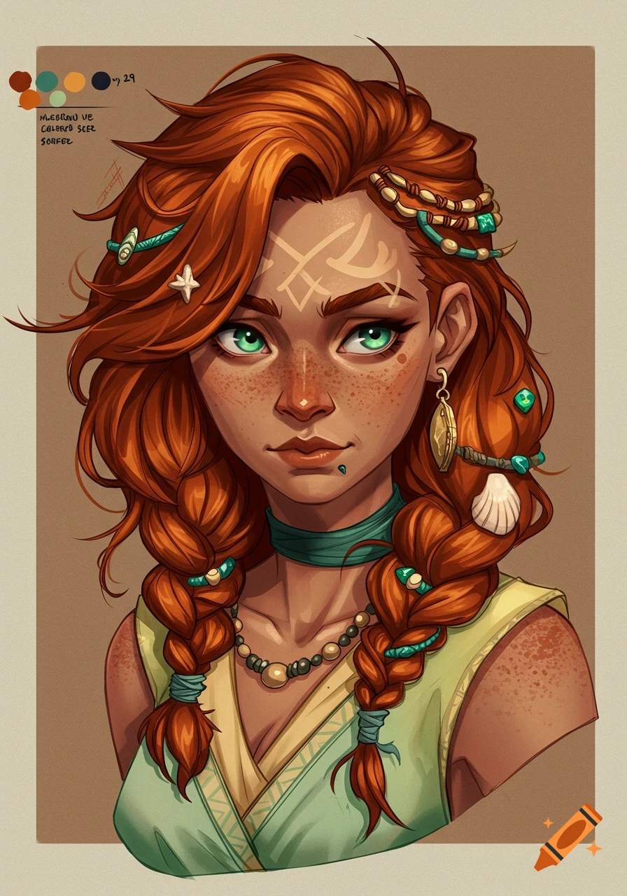 Portrait of a fantasy woman with copper hair, green eyes, and freckles ...