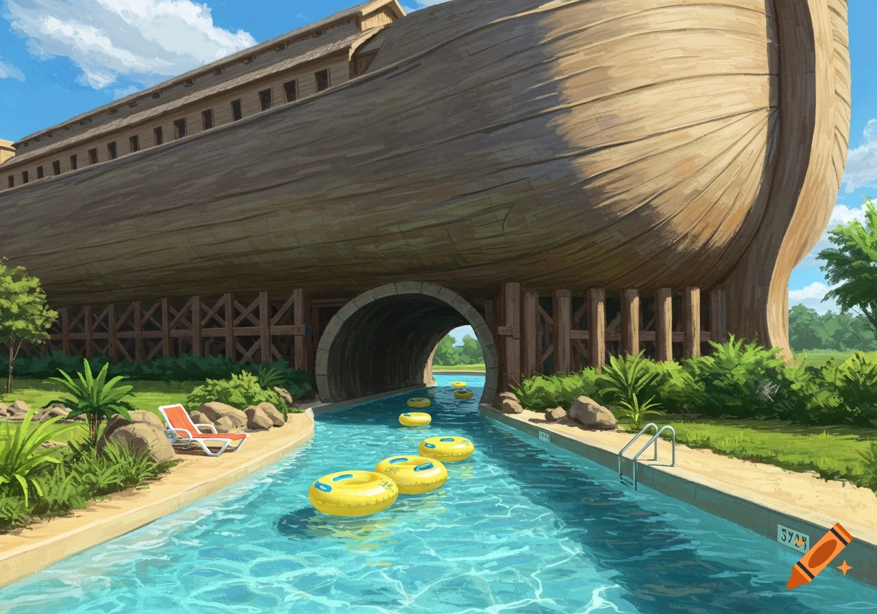 A lazy river with yellow inner tubes flows under a large wooden structure resembling Noah's Ark ...