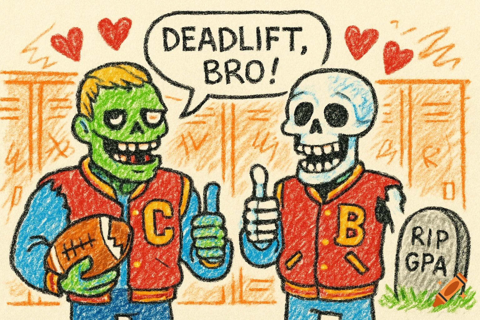 A crayon drawing of a zombie jock holding a football and a skeleton ...