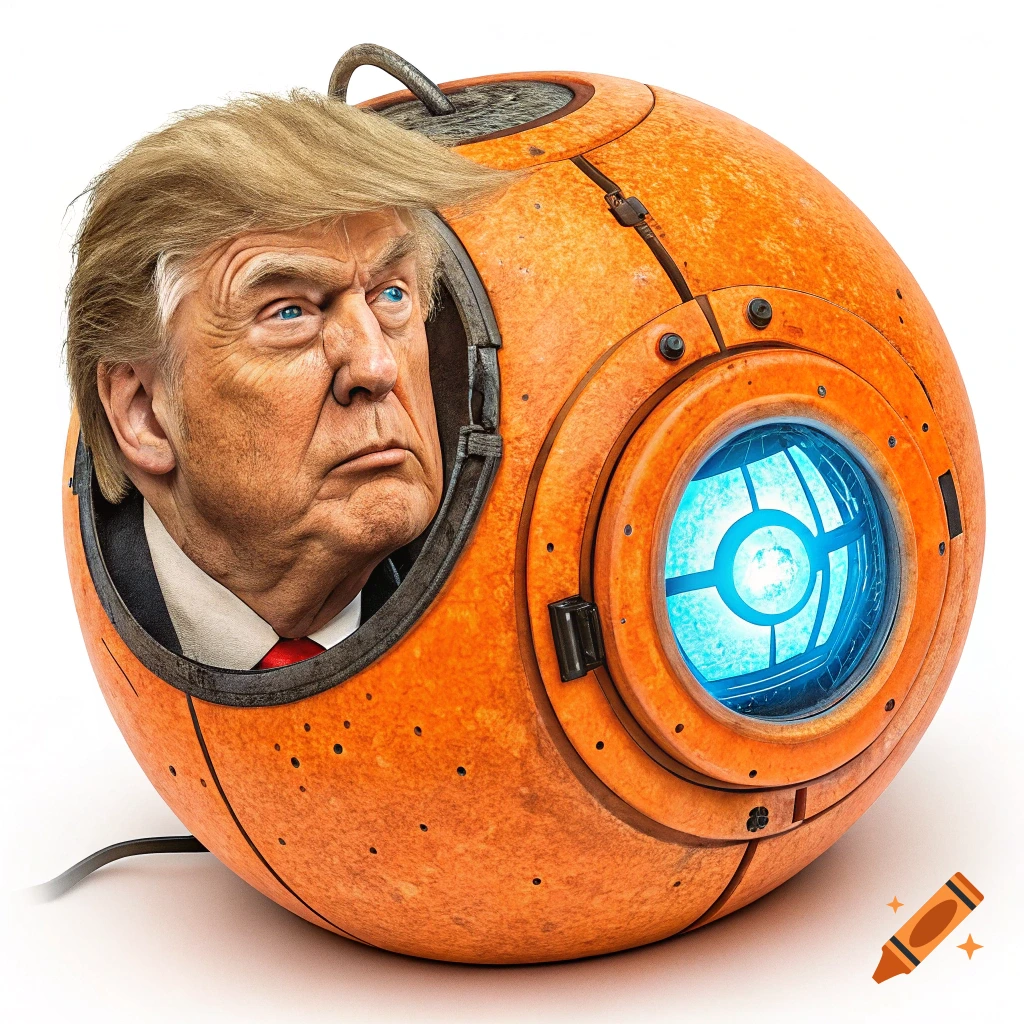 Donald Trump's head inside an orange Portal 2 corrupted core. on Craiyon
