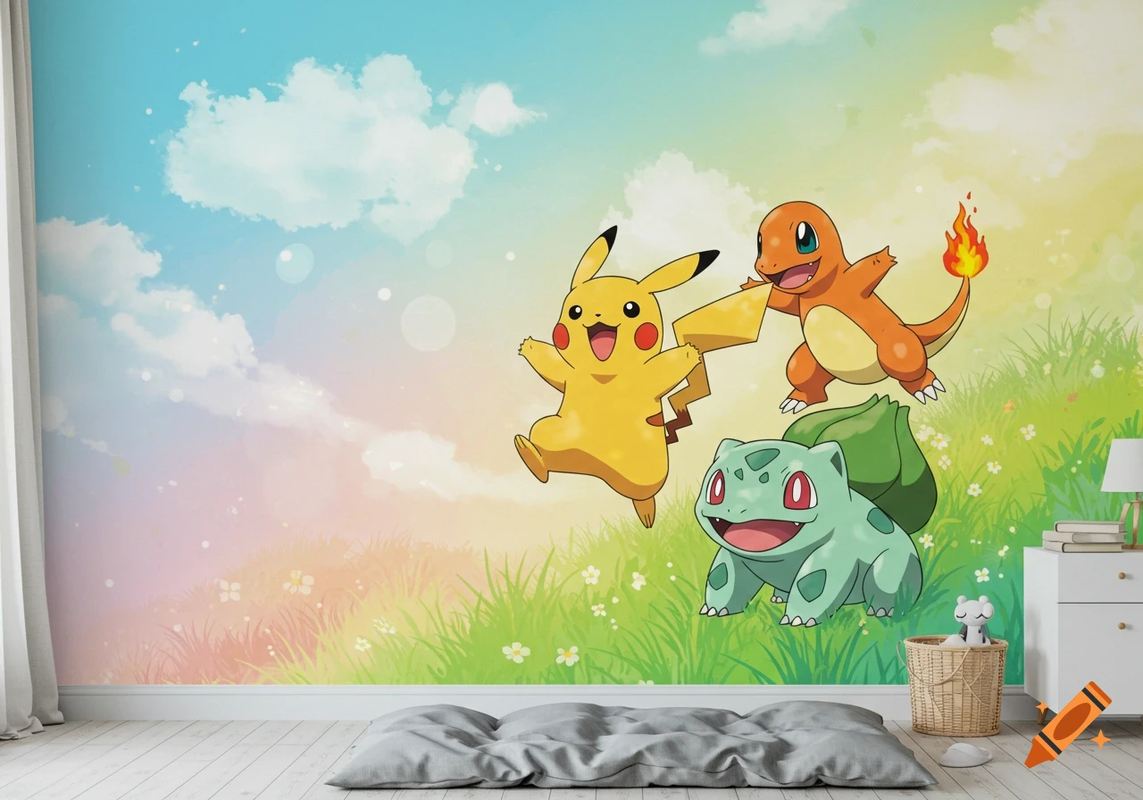 Pikachu, Charmander, and Bulbasaur in a grassy field on a wall mural ...