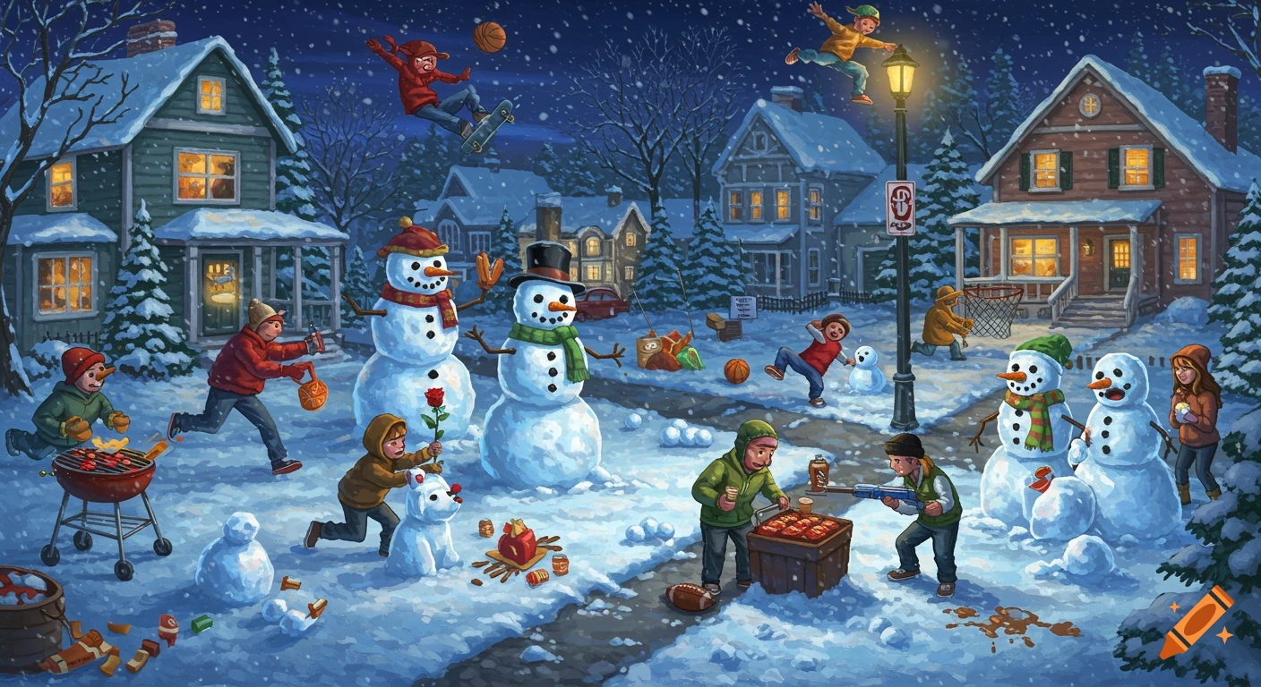 Busy winter neighborhood scene with kids and snowmen playing, grilling ...
