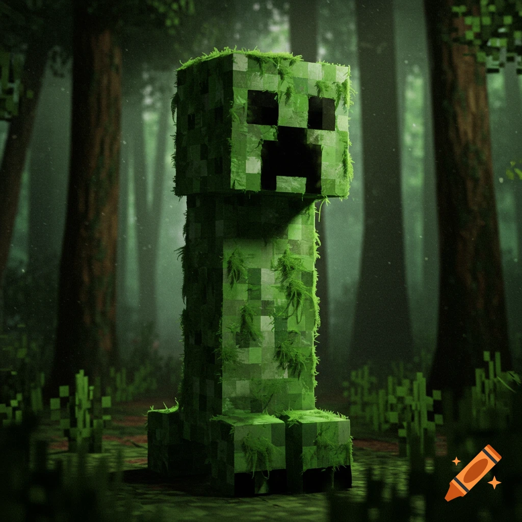 Realistic rendering of a Minecraft Creeper standing in a dark, mossy ...