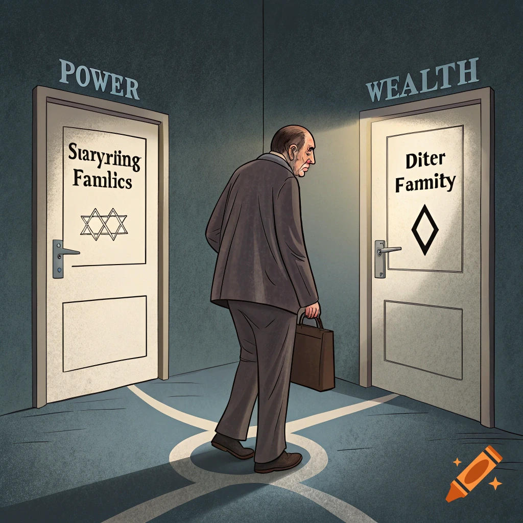 Illustration of a man choosing between two doors labeled 'POWER' and ...