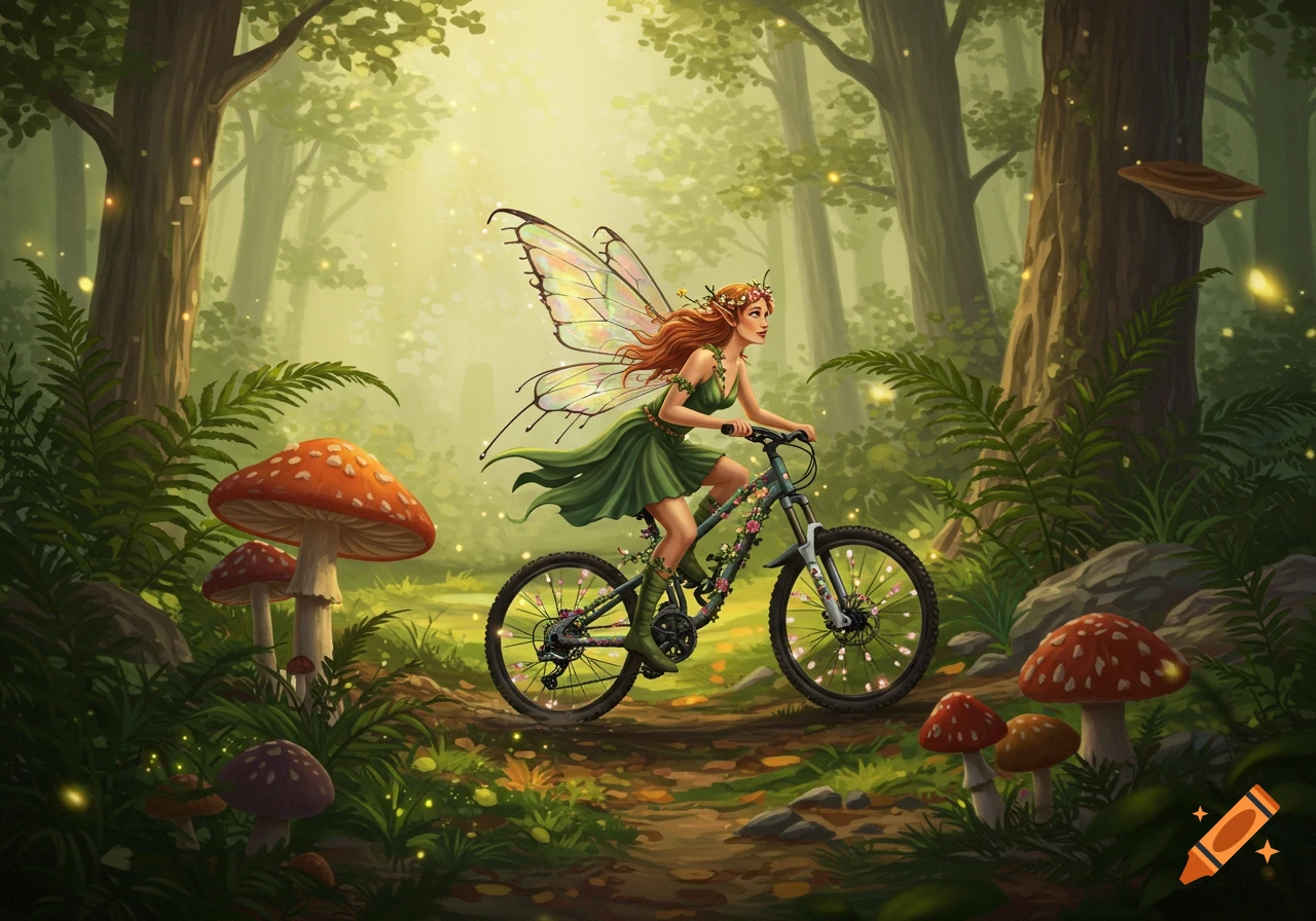 A fairy rides a mountain bike through a magical forest with giant ...