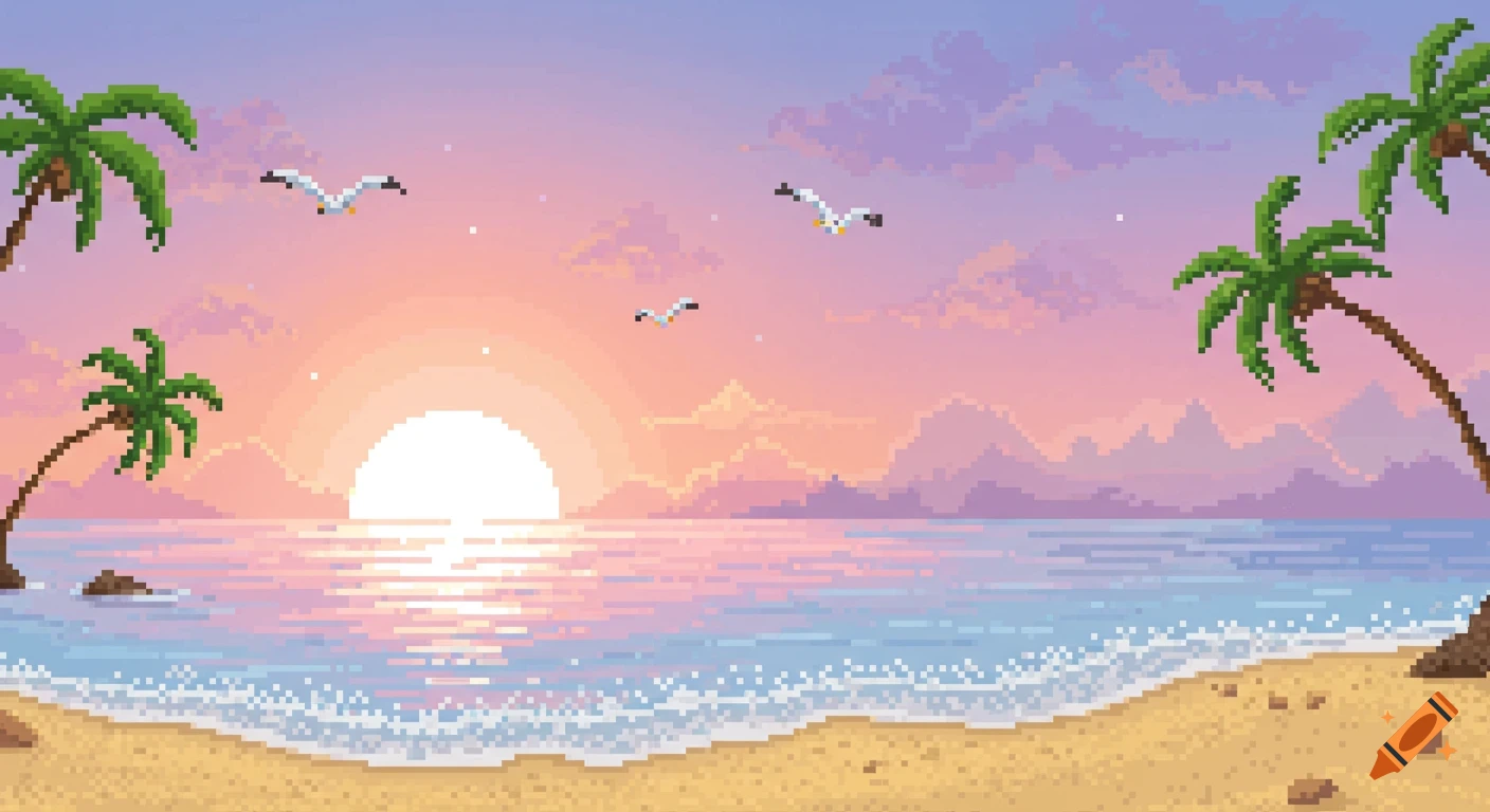 Pixel art beach sunset with palm trees and seagulls on Craiyon