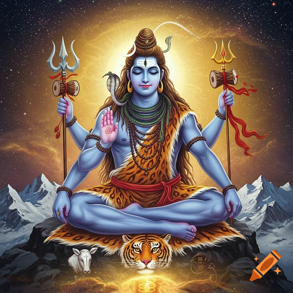 Blue-skinned Lord Shiva meditating on a rock with multiple arms ...