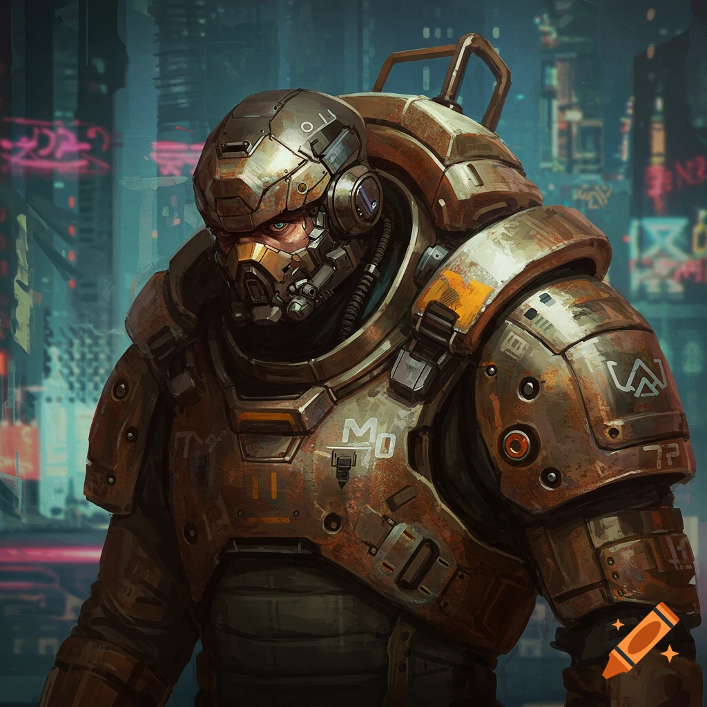 Man in rusty sci-fi armor stands against a blurry cyberpunk city background. on Craiyon