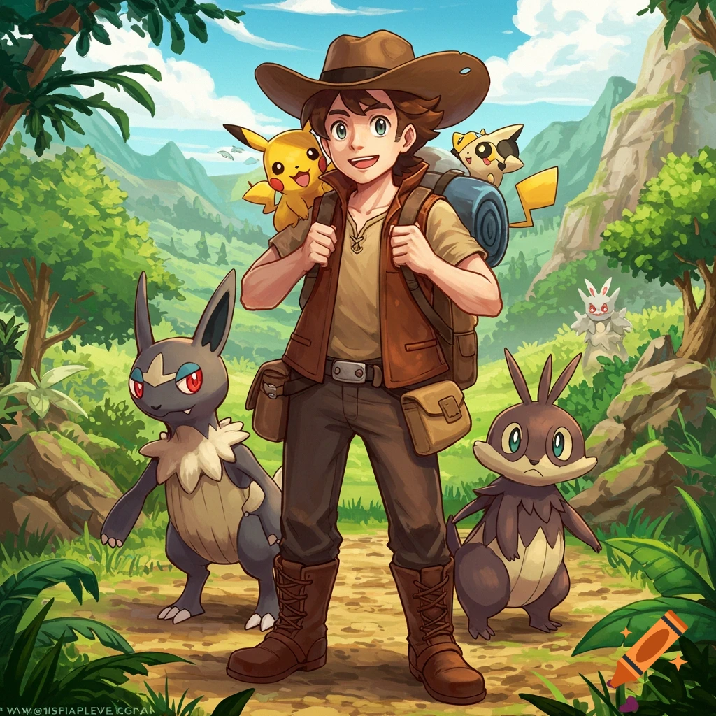 Young man explorer in a cowboy hat with various Pokemon in a jungle ...