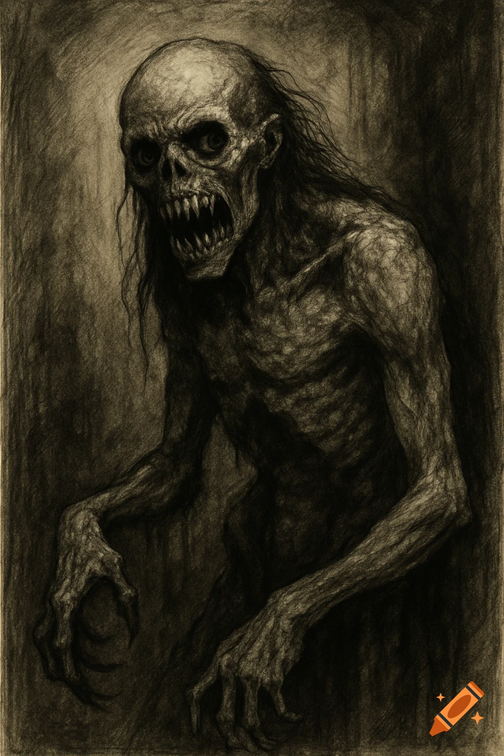 Charcoal drawing of a skeletal monster with sharp teeth and claws. on ...