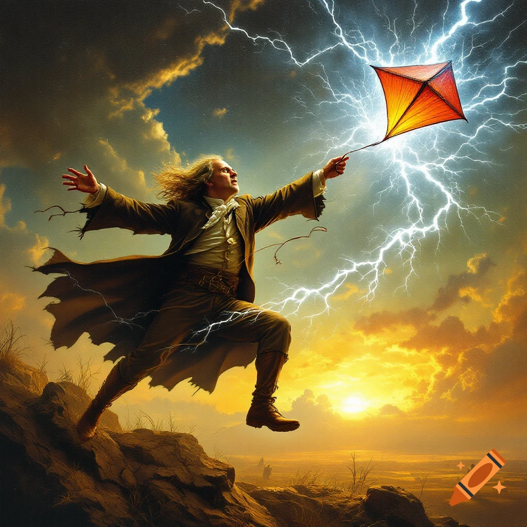 Dramatic depiction of Benjamin Franklin flying a kite in a lightning ...