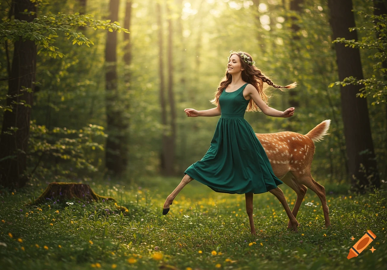 A deer centaur girl dances in a sunlit forest meadow. on Craiyon