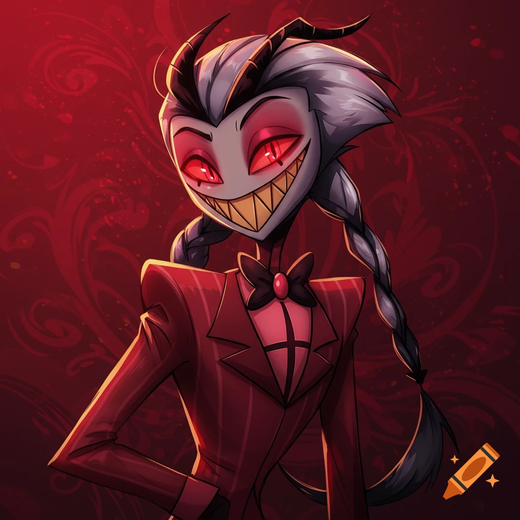 Portrait of Vox from Hazbin Hotel, a stylized demon in a red pinstripe ...