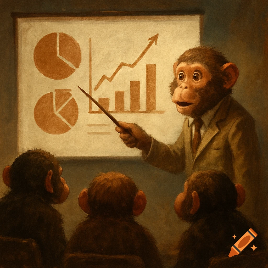 Painting of a monkey in a suit presenting charts to other monkeys. on ...
