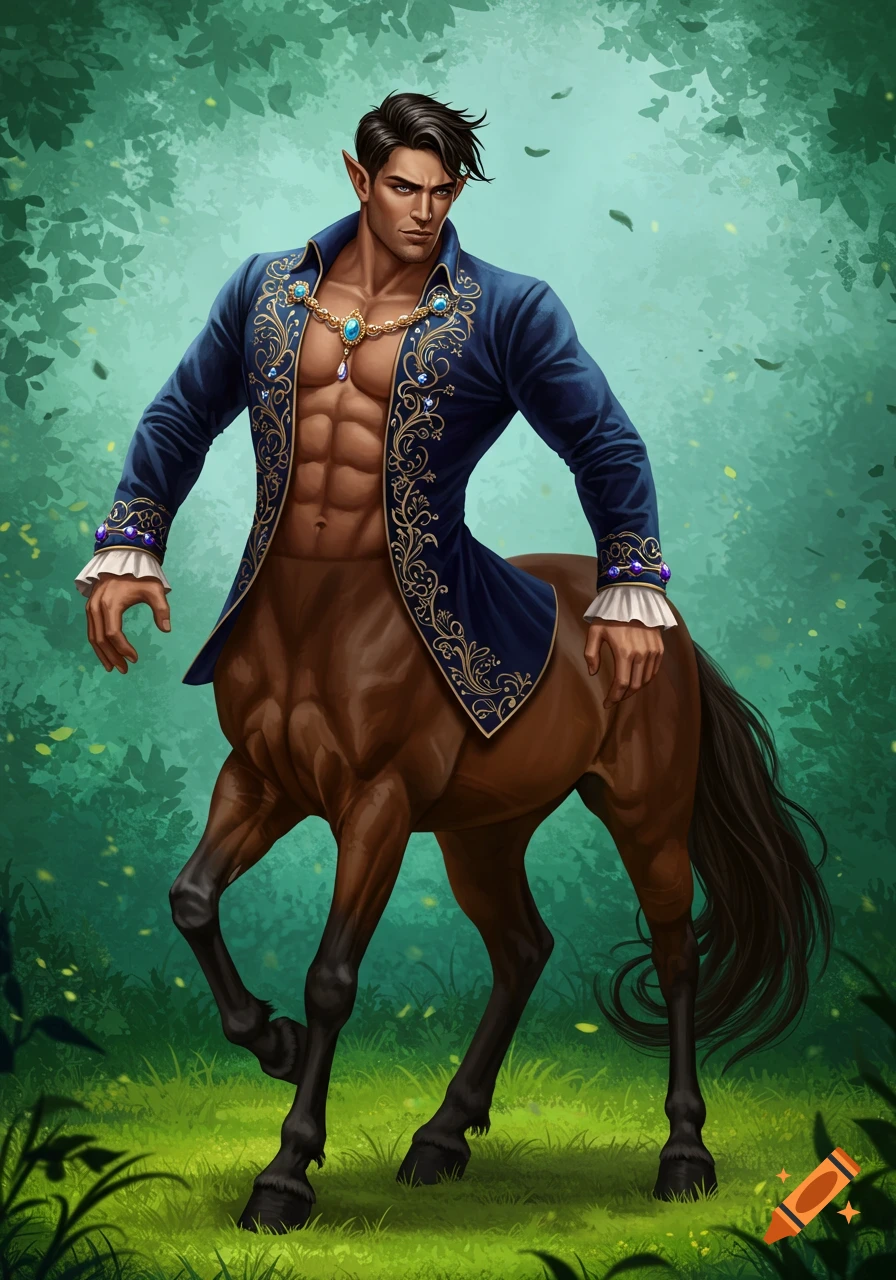 Male centaur in a detailed blue jacket stands in a forest. on Craiyon