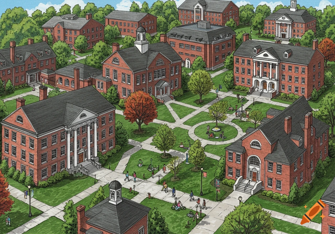 A drawing of a college campus with brick buildings, trees, walkways ...