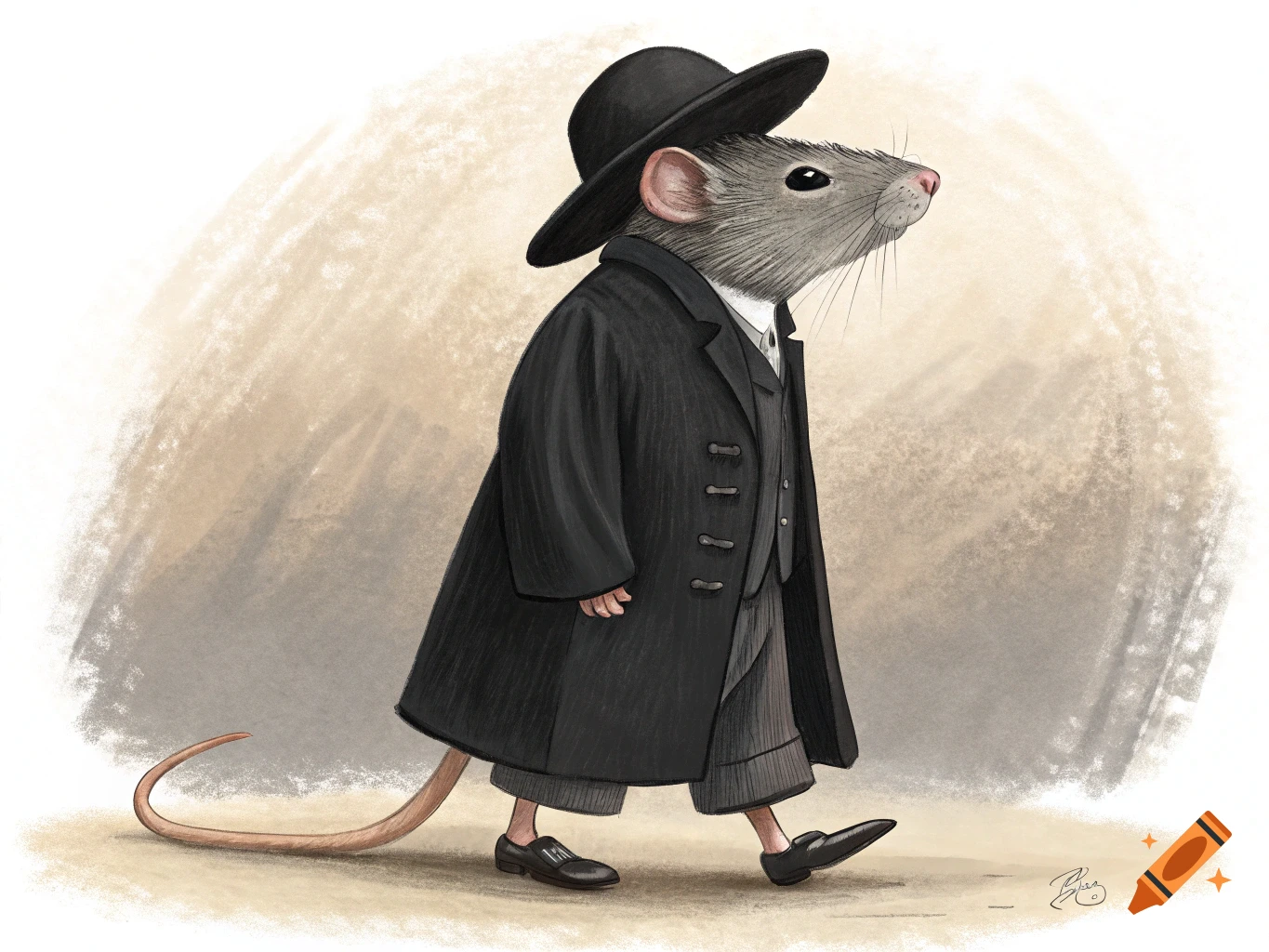 Illustration of a rat wearing a black coat, vest, and hat, walking. on ...