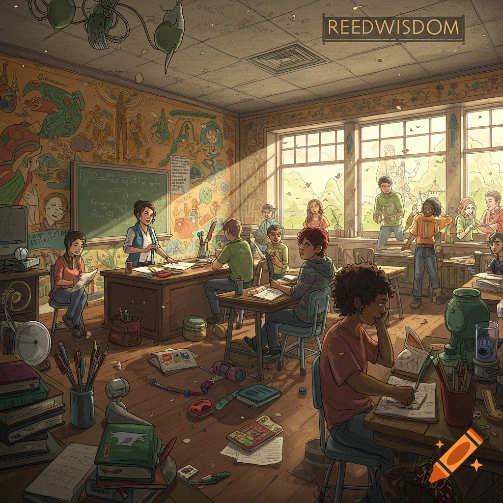 An illustration of a busy classroom with a teacher and students. on Craiyon