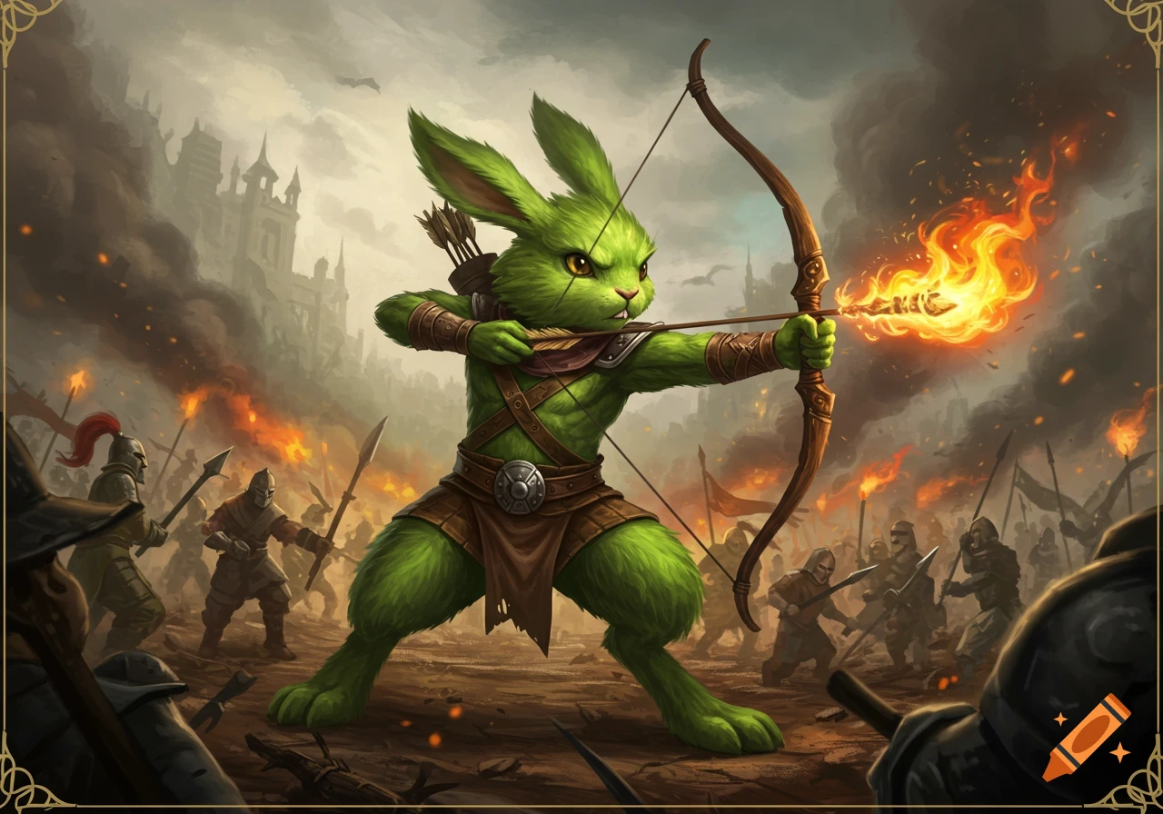 Green rabbit warrior shooting flaming arrow in battlefield on Craiyon