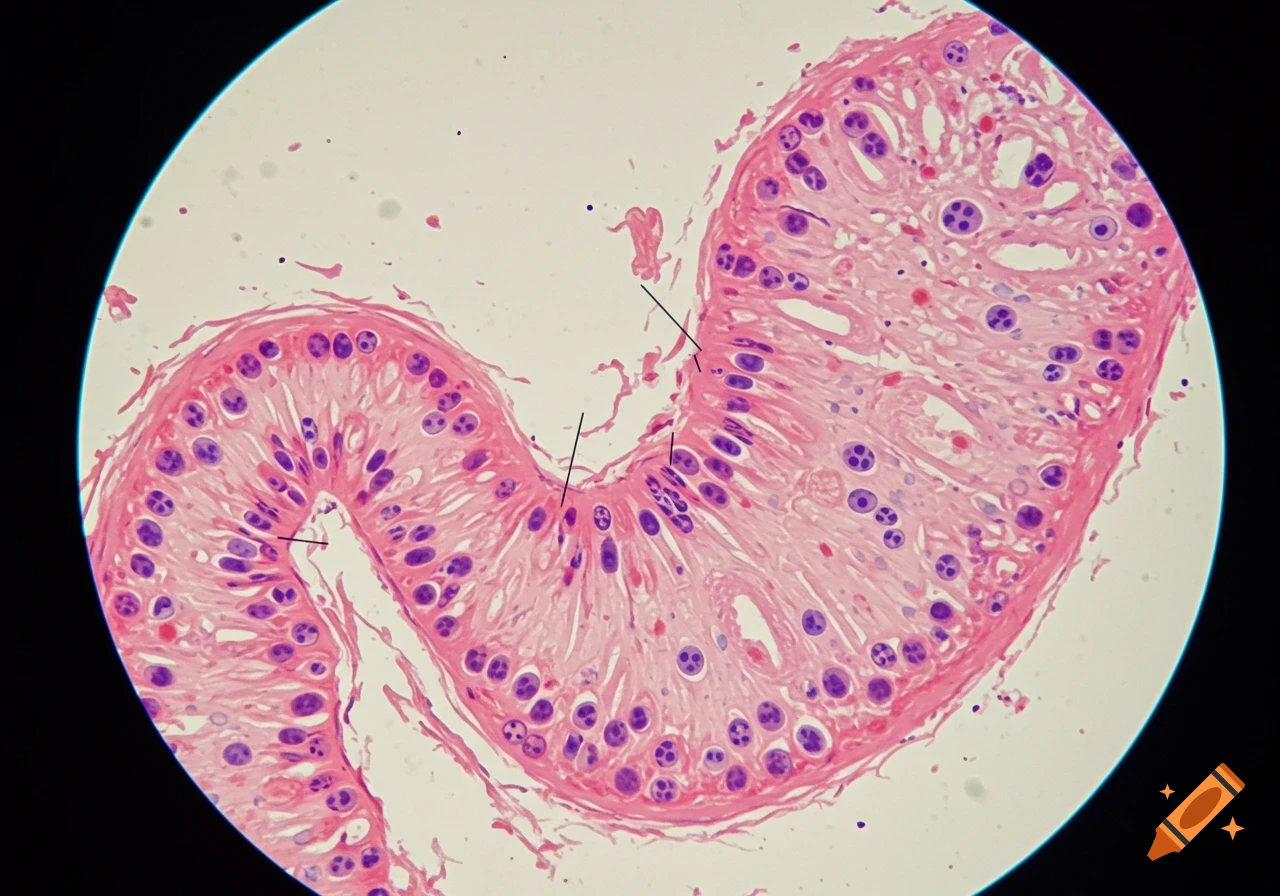 Microscopic view of stomach tissue with pink and purple cells on Craiyon