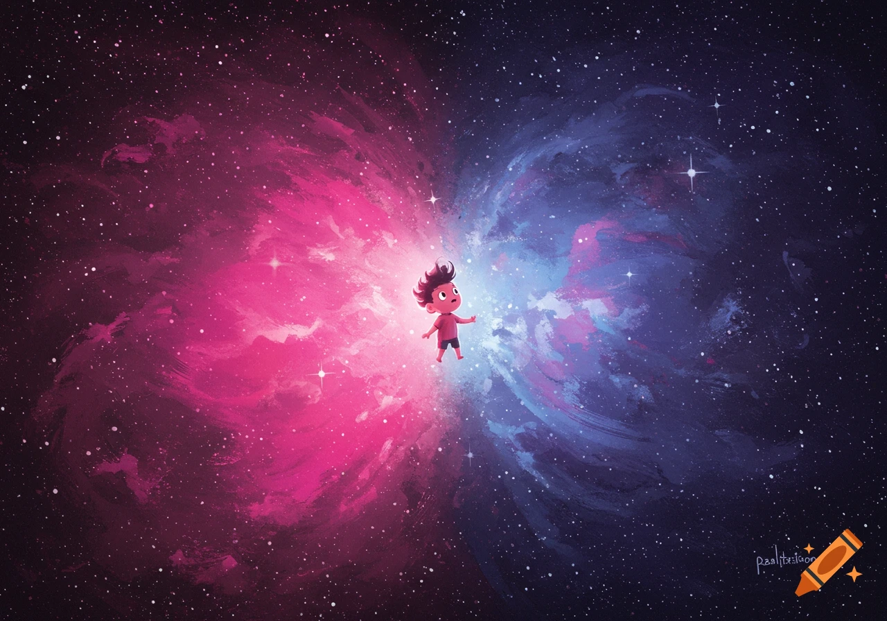 A small cartoon character floats between swirling pink and blue nebulas ...